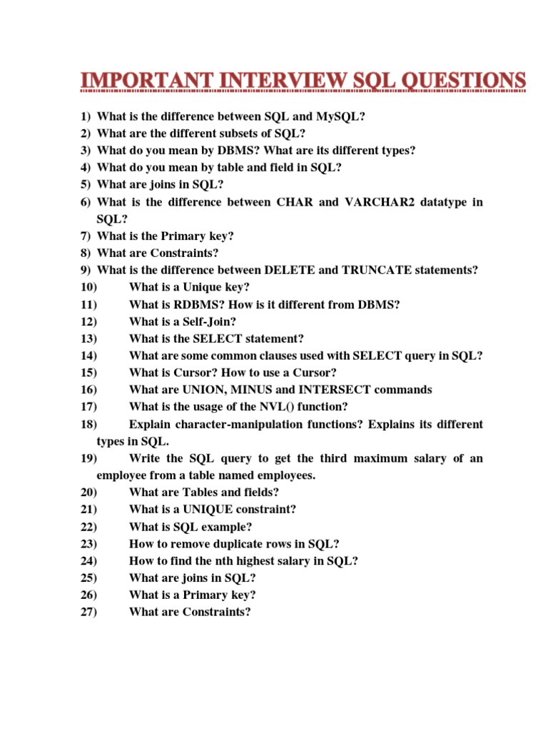 SQL Questions | PDF | Sql | Relational Database