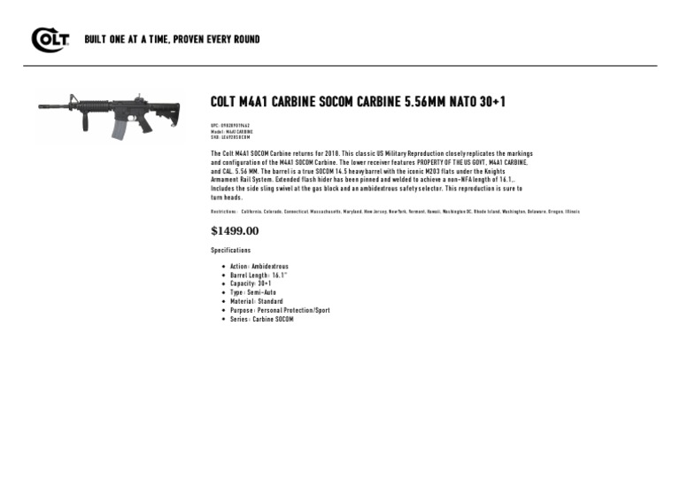 Colt M4A1 CARBINE SOCOM CARBINE 5.56mm NATO 30 1 Spec Sheet | PDF