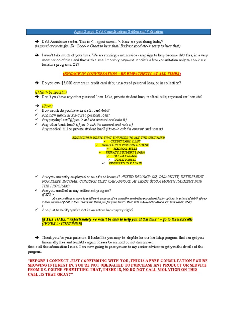 Agent Script Debt Settlement 15th March | PDF | Loans | Finance & Money ...