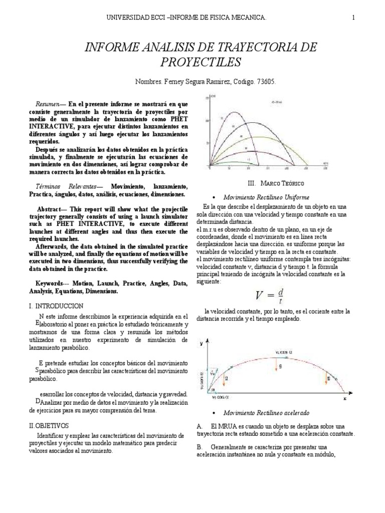 Informe Analisis de Trayectoria de Proyectiles - Ferney Segura Ramirez - Cod - 73605 | PDF ...