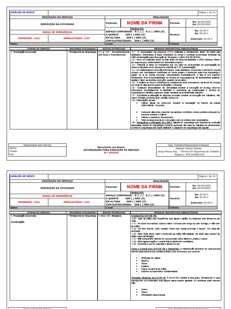 2.0 - MODELO DE APR COM RISCOS E PROCEDIMENTO SEGURO | PDF