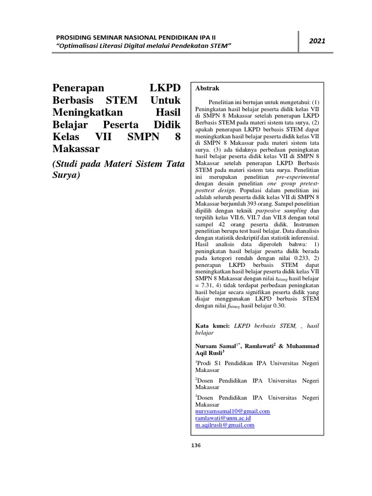 Penerapan LKPD Berbasis STEM Untuk Meningkatkan Hasil Belajar Peserta Didik Kelas VII SMPN 8 ...