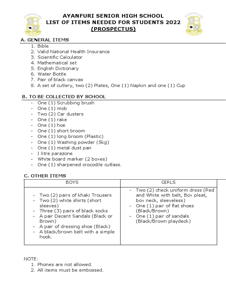 Ayanfuri Senior High School List of Items Needed For Students 2022 ...