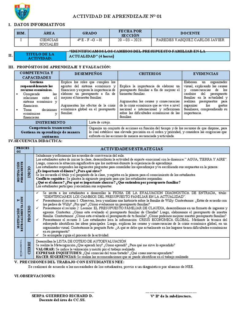 Actividad de Aprendizaje #01: Datos Informativos | PDF | Presupuesto ...