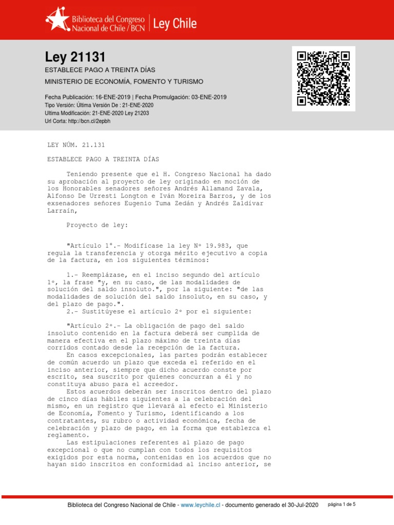 Ley-21131 - Pago A 30 Días | PDF | Los consumidores | Protección al Consumidor