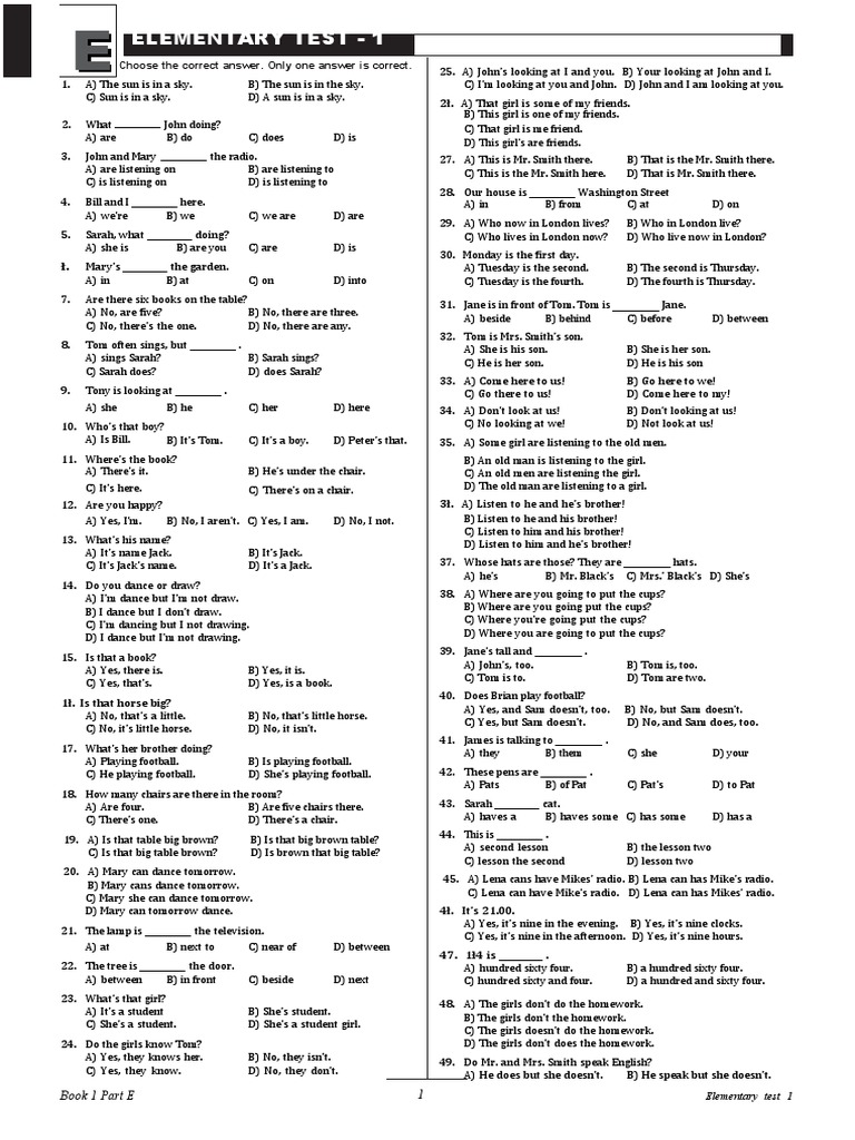 Elementary Test 1 Choose The Correct Answer Only One Answer Is
