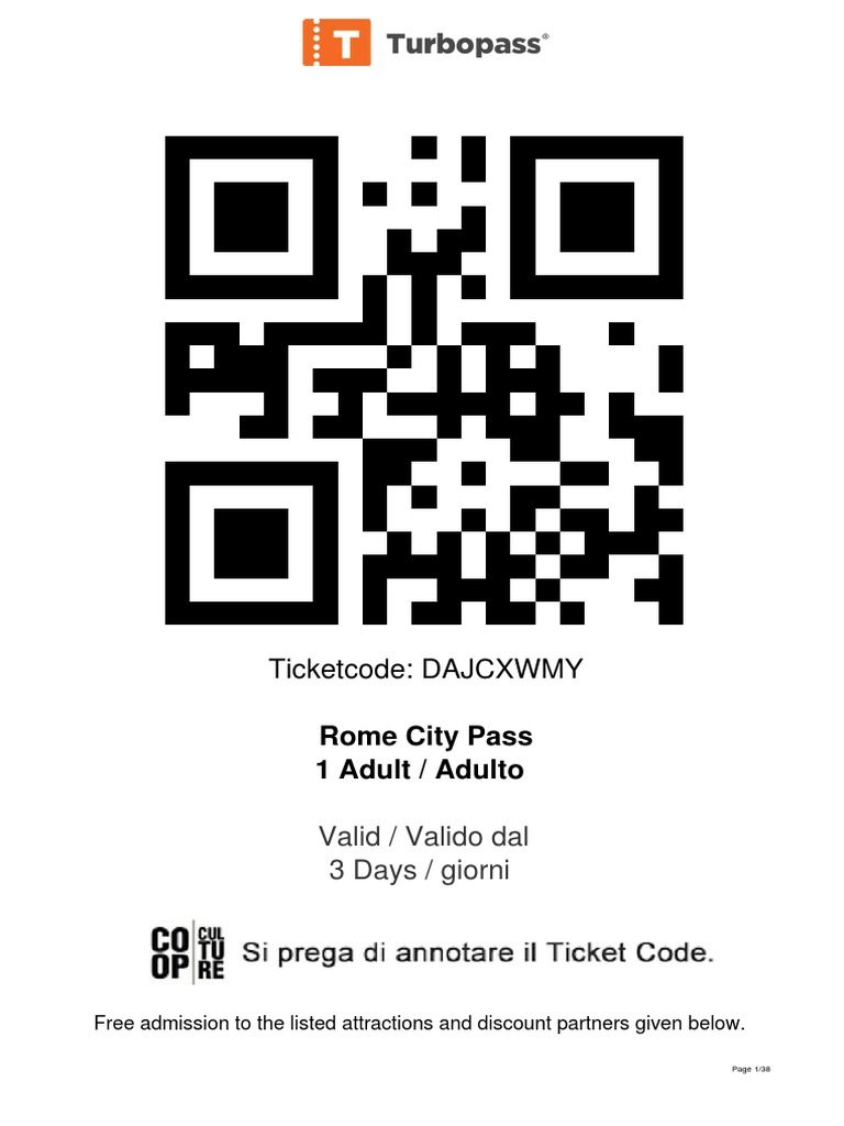 Ticketcode: DAJCXWMY: Rome City Pass 1 Adult / Adulto | PDF | Rome
