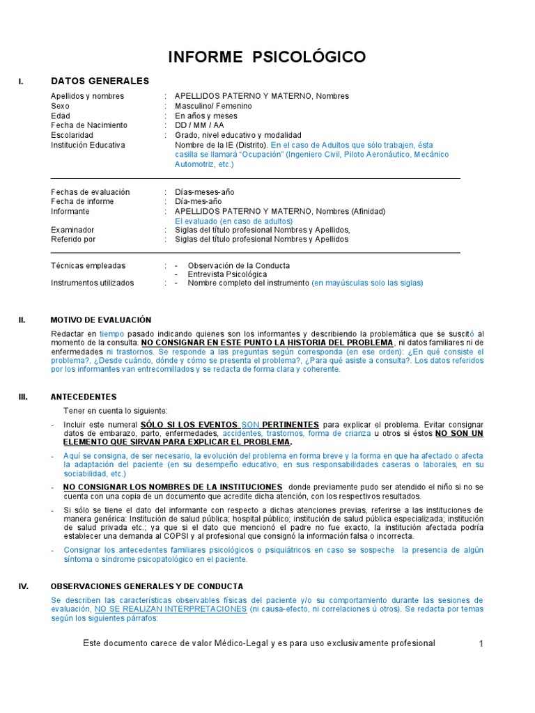 Modelo de Informe Psicológico | PDF | Desorden hiperactivo y deficit de atencion | Manual ...