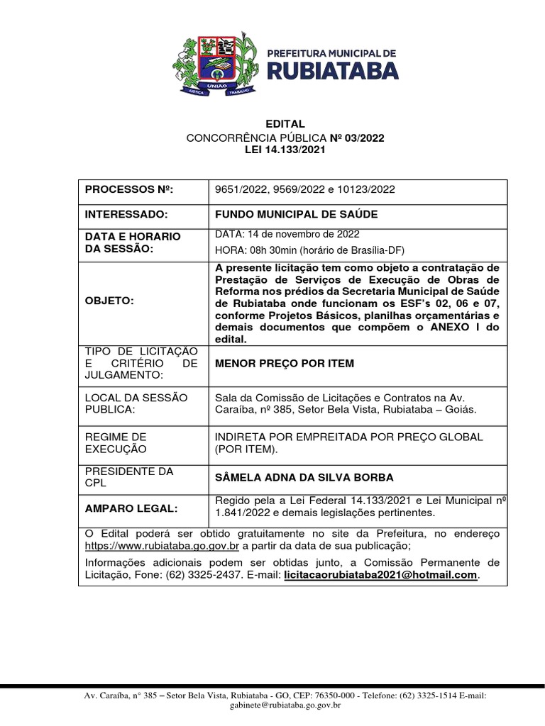MODELO - Edital CONCORRENCIA Lei 14-133 | PDF | Contabilidade ...