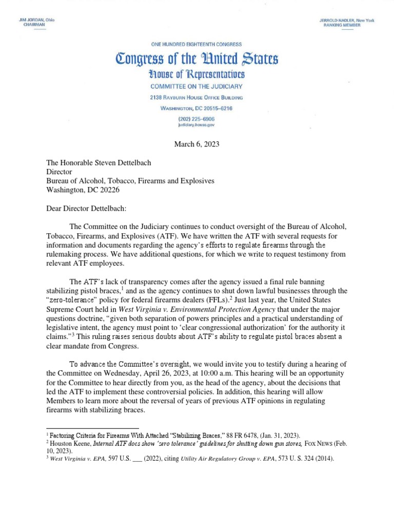 Congress Request ATF Director Steve Dettlebach Testify | PDF | Bureau ...
