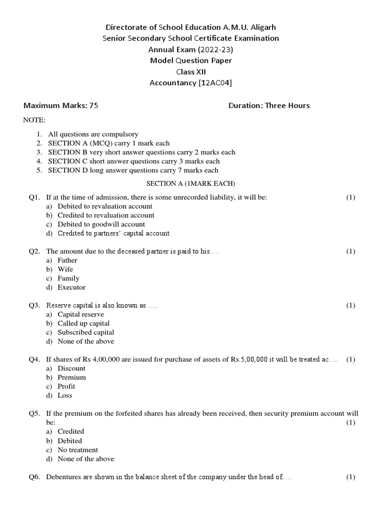 Class 12 AMU Model Papers | PDF | Parameter (Computer Programming ...