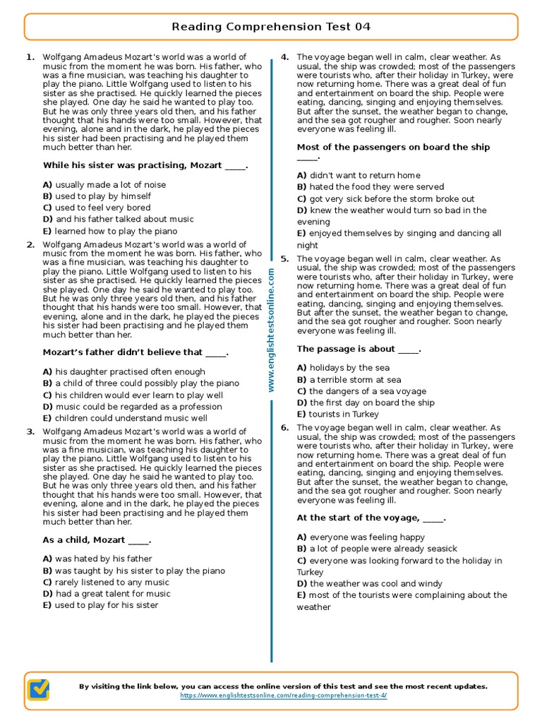 Reading Comprehension Test | PDF | Wolfgang Amadeus Mozart | Elephant