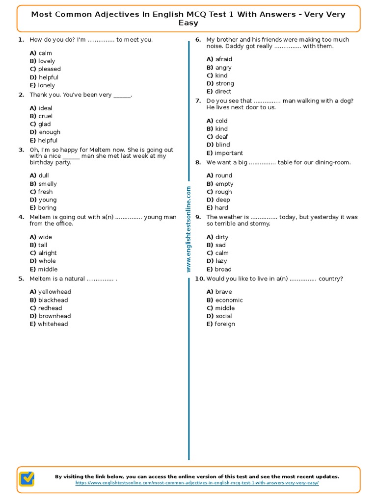 670 - Most Common Adjectives in English MCQ Test 1 With Answers Very ...