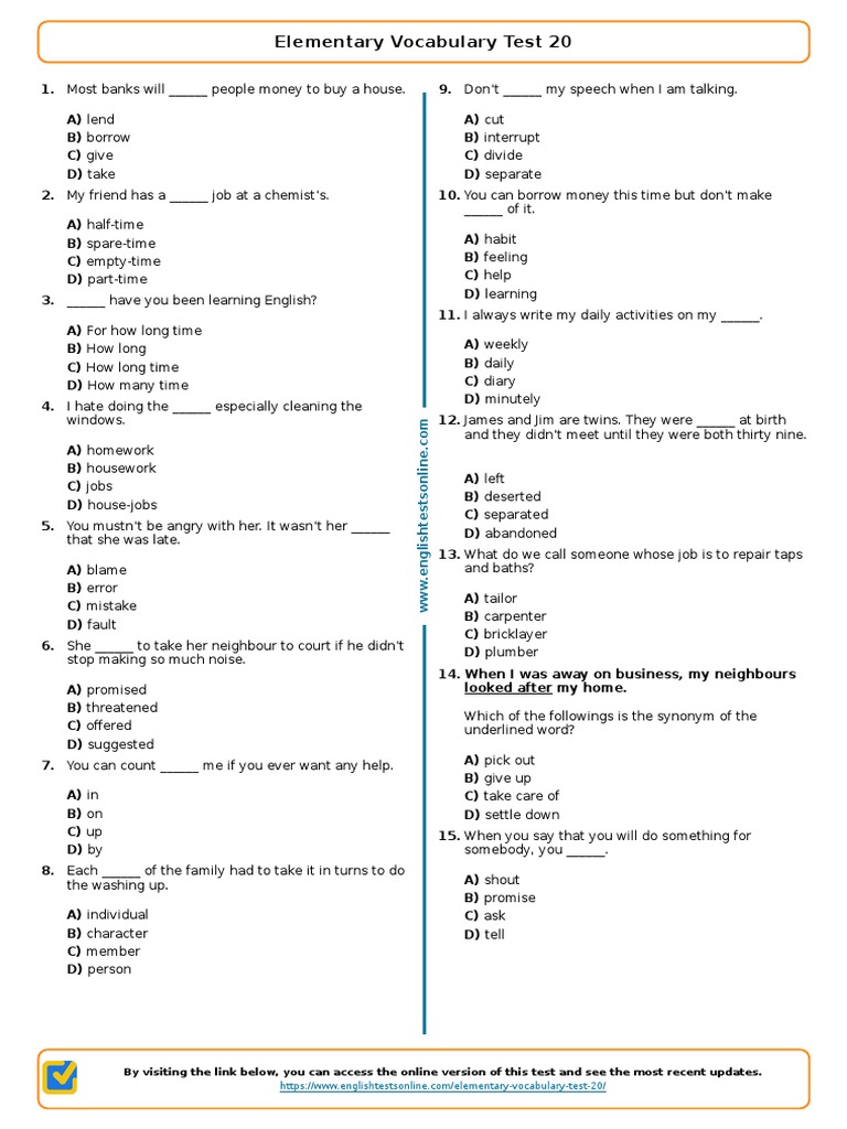 Elementary Vocabulary Test 20 | PDF