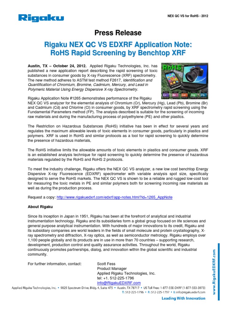 RoHS Rapid Screening by Benchtop XRF | PDF | X Ray Crystallography | Plastic
