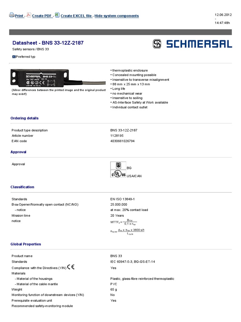 Schmersal Micro Datasheet BNS33-12Z-2187 | PDF | Switch | Alternating ...