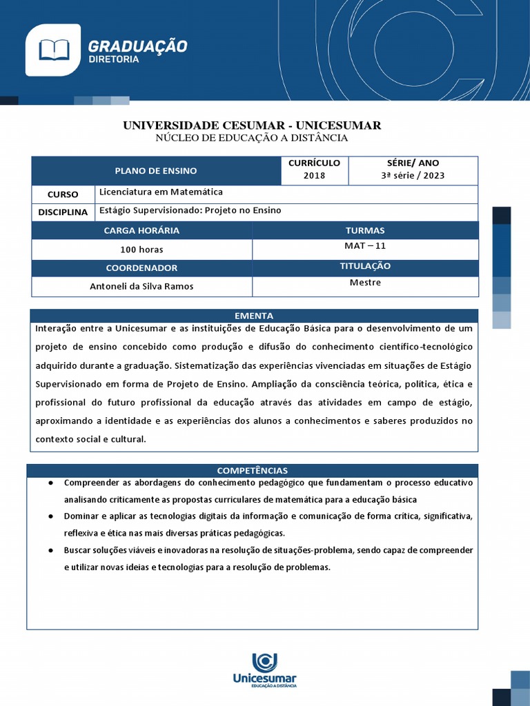 Universidade Cesumar - Unicesumar: Plano de Ensino | PDF | Pedagogia