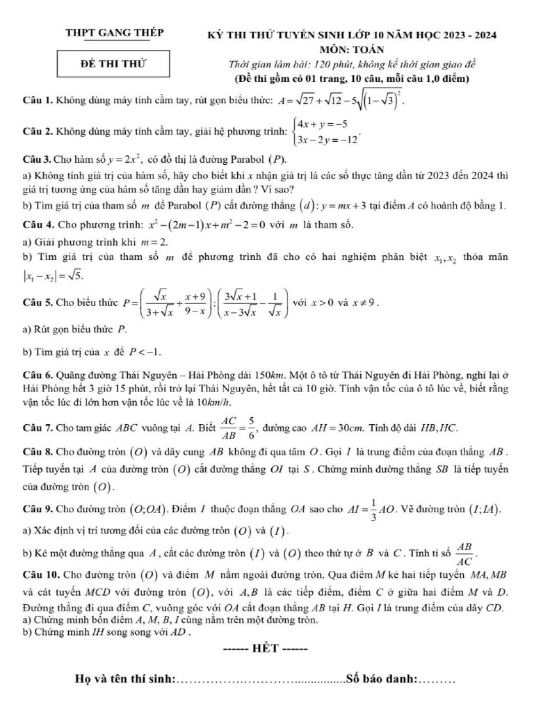 De Thi Thu Toan Vao Lop 10 Nam 2023 2024 Truong THPT Gang Thep Thai Nguyen | PDF
