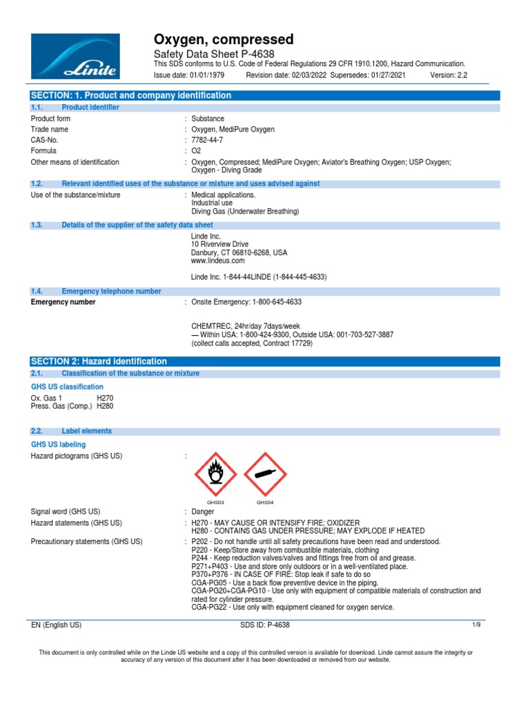 Oxygen, Compressed: Safety Data Sheet P-4638 | Download Free PDF ...