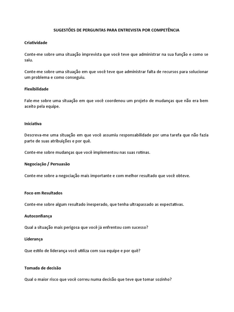 Perguntas para Entrevista | PDF | Liderança | Competência (Recursos ...