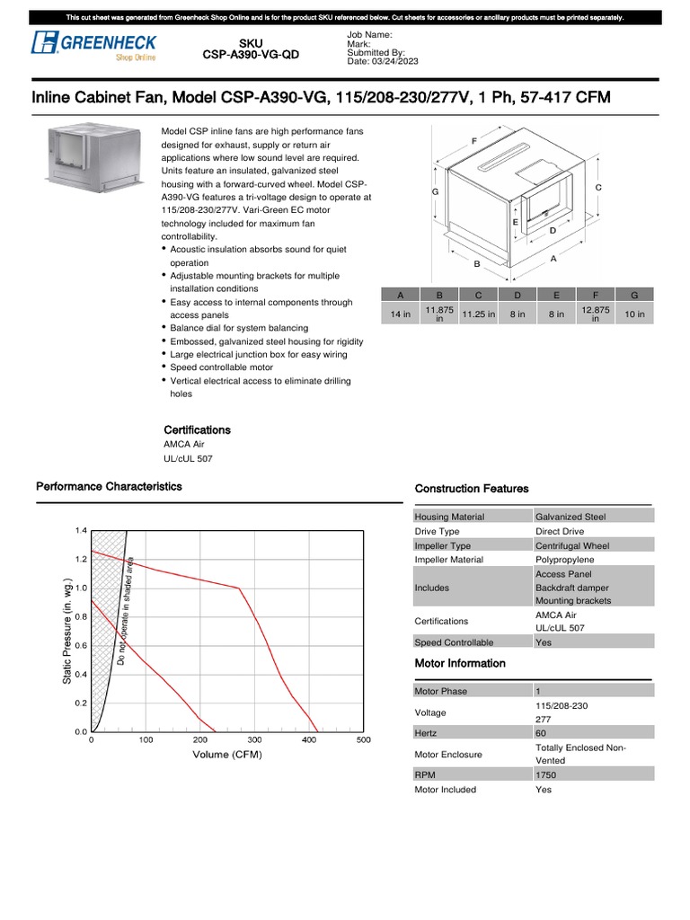 Greenheck CSP-A390-VG Inline Fan Cut Sheet | PDF | Electric Motor ...