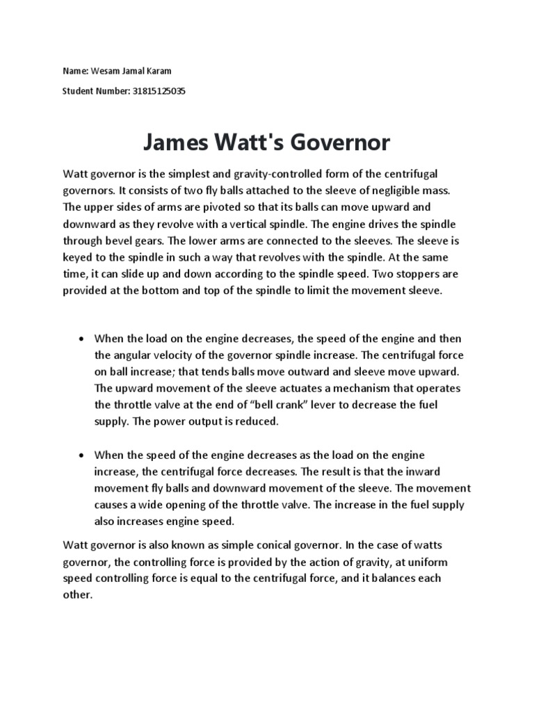 James Watt's Centrifugal Governor Explained | PDF | Kinematics | Mechanics