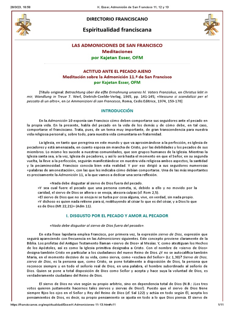 K. Esser, Admonición de San Francisco 11, 12 y 13 | PDF | Pecado | Amor