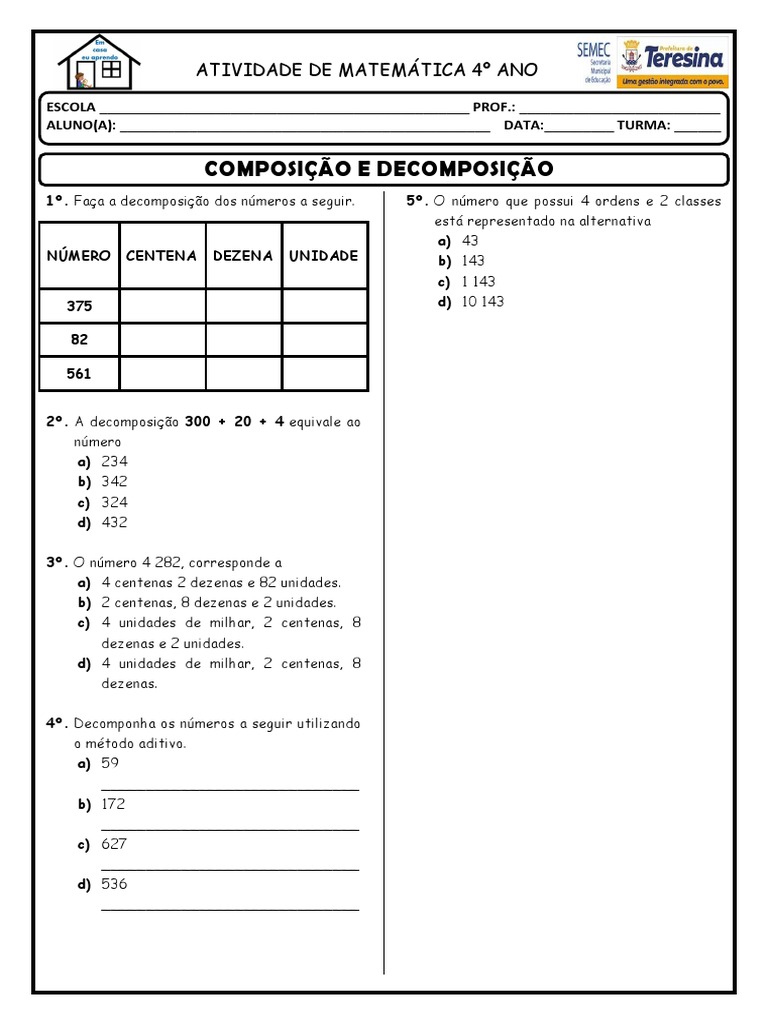Atividades de Composição e Decomposição 4º Ano | PDF