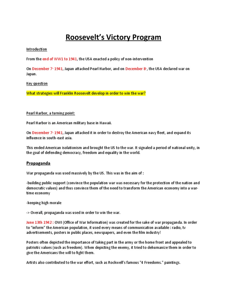 Roosevelt's Victory Program: End of WW1 To 1941 December 7 1941 December 8 | PDF | Franklin D ...