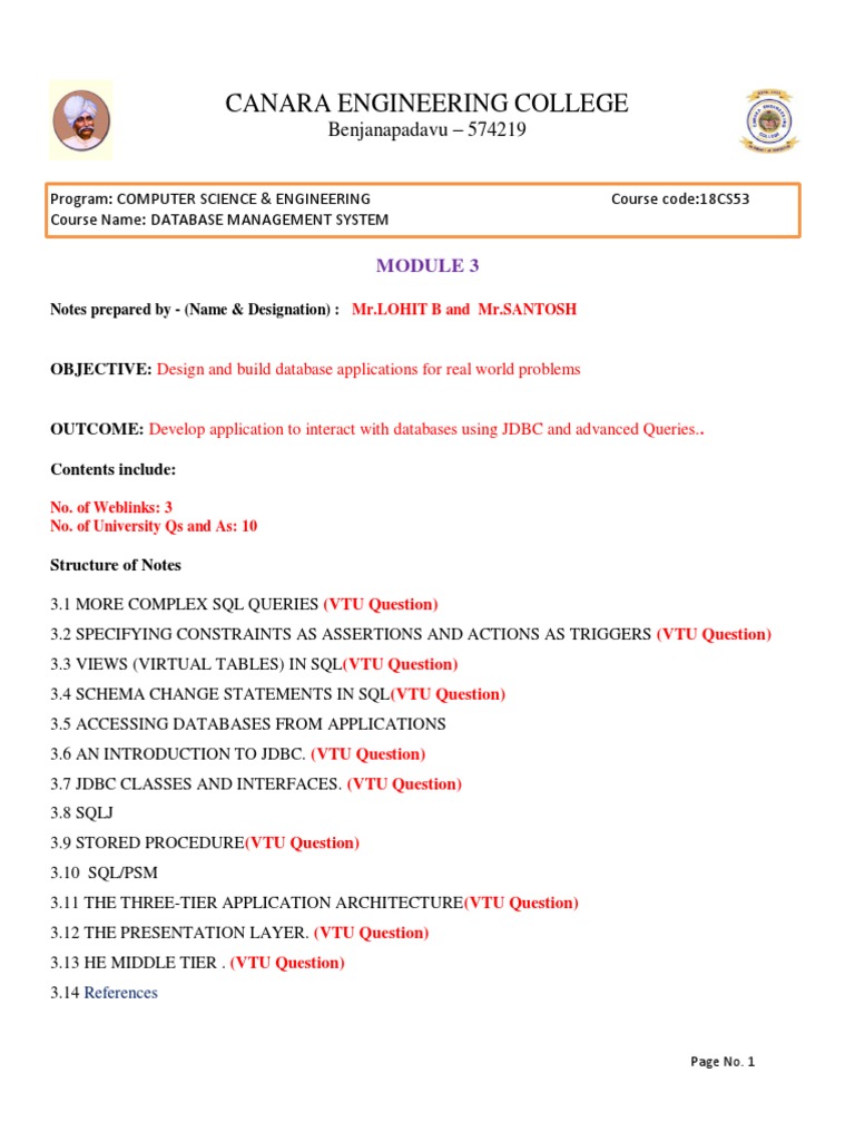 Canara Engineering College: Benjanapadavu - 574219 | PDF | Relational Database | Databases