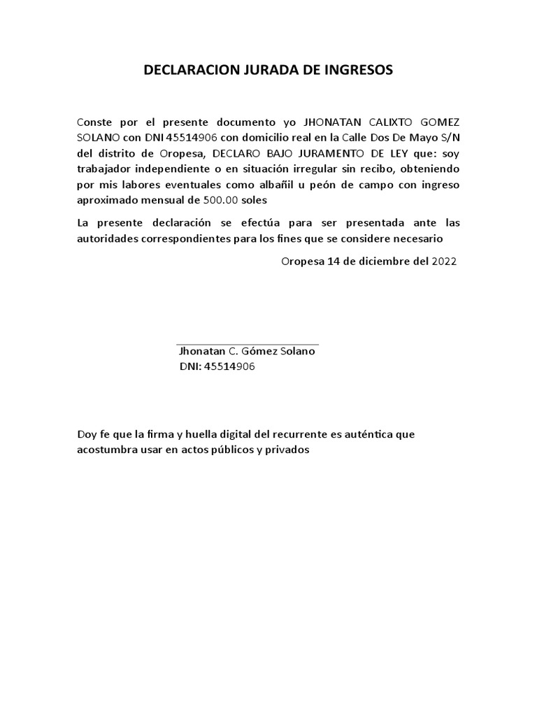 Declaracion Jurada de Ingresos | PDF