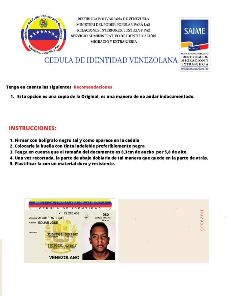 Cedula de Identidad Venezolana: Instrucciones | PDF