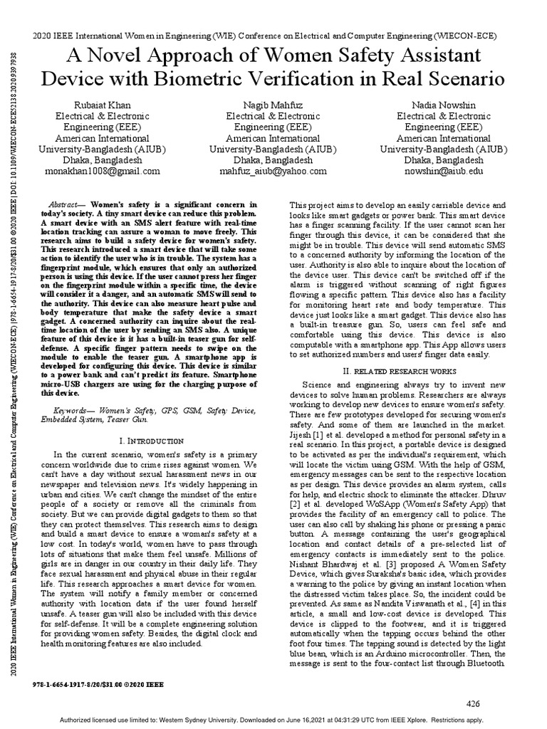 A Novel Approach of Women Safety Assistant Device With Biometric ...