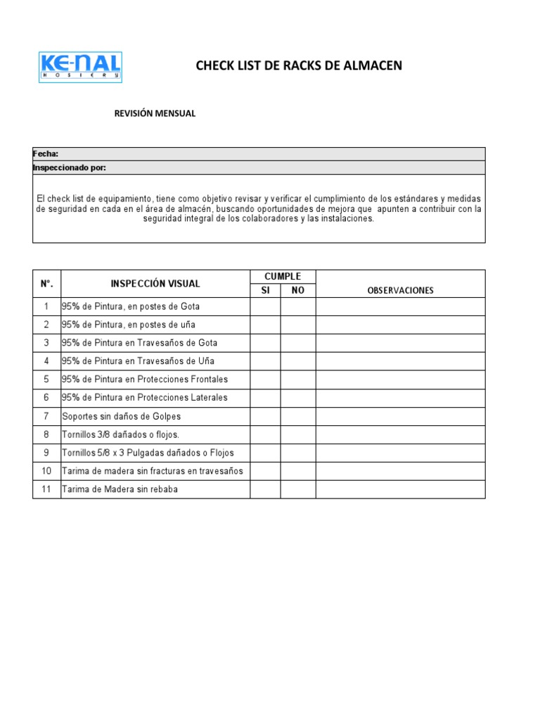 Checklist Mensual de Racks de Almacén | PDF