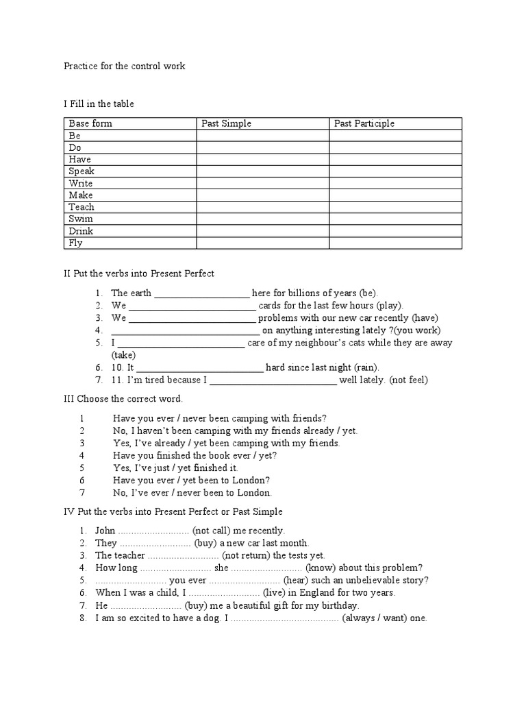 Practice control work verbs tenses prepositions explanations party ...