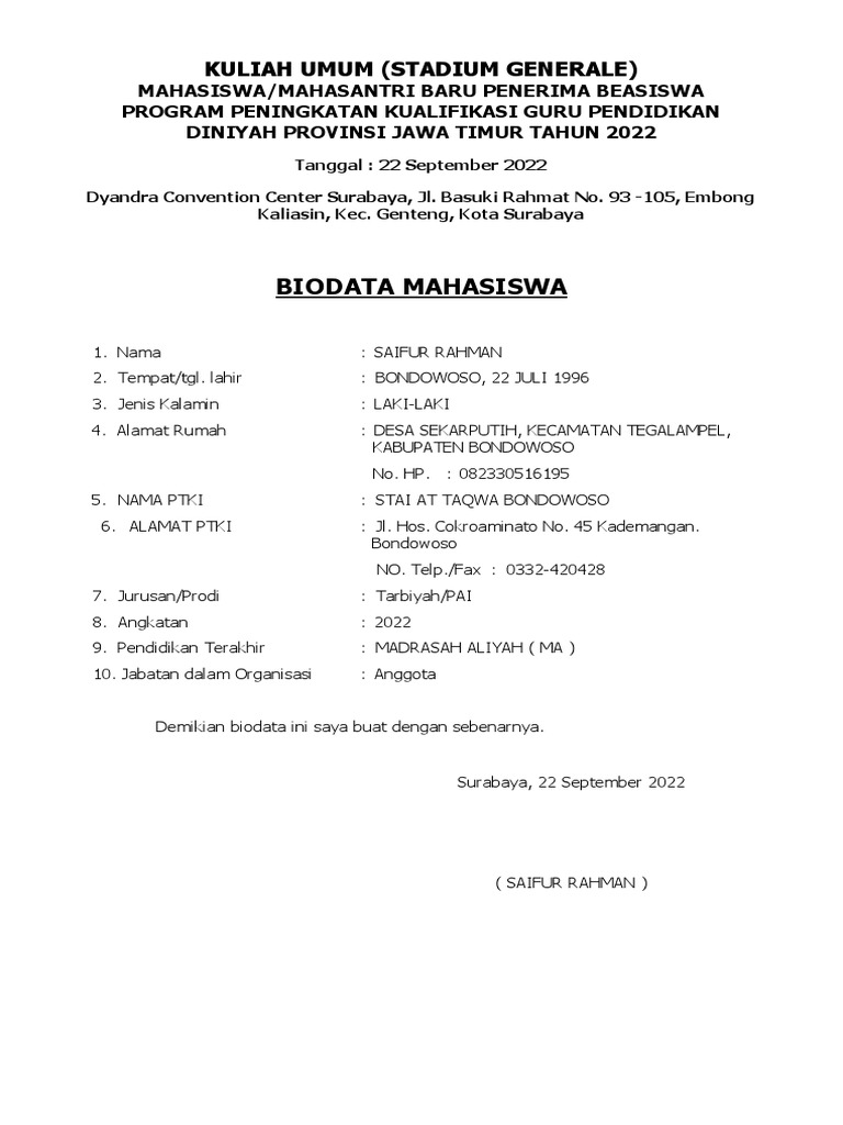 Formulir Biodata Mahasiswa Pemprof | PDF