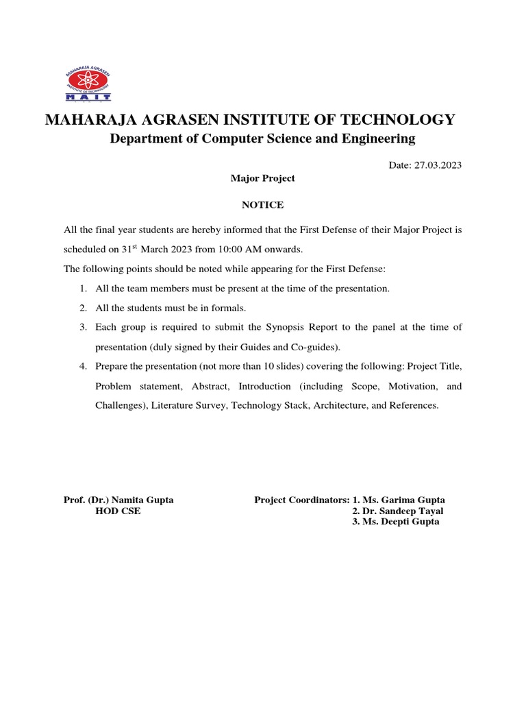 Major Project First Defence Notice | PDF