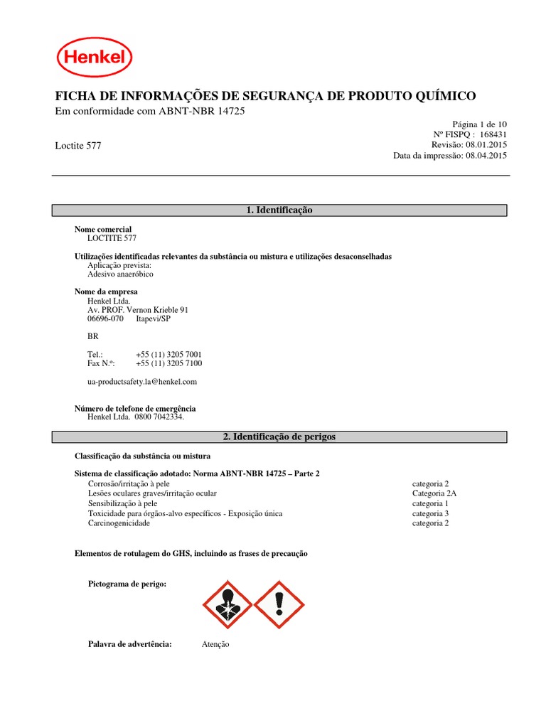 Ficha de Segurança Loctite 577 | PDF | Embalagem e rotulagem | Desperdício