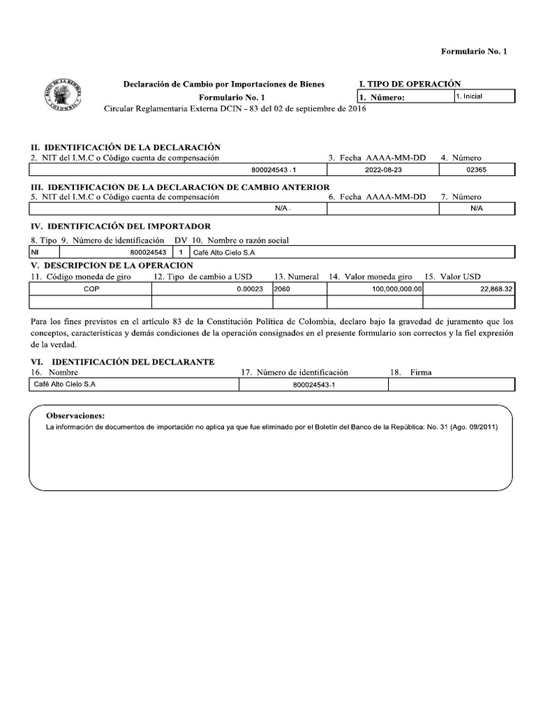 Formulario Declaración de Cambio | PDF