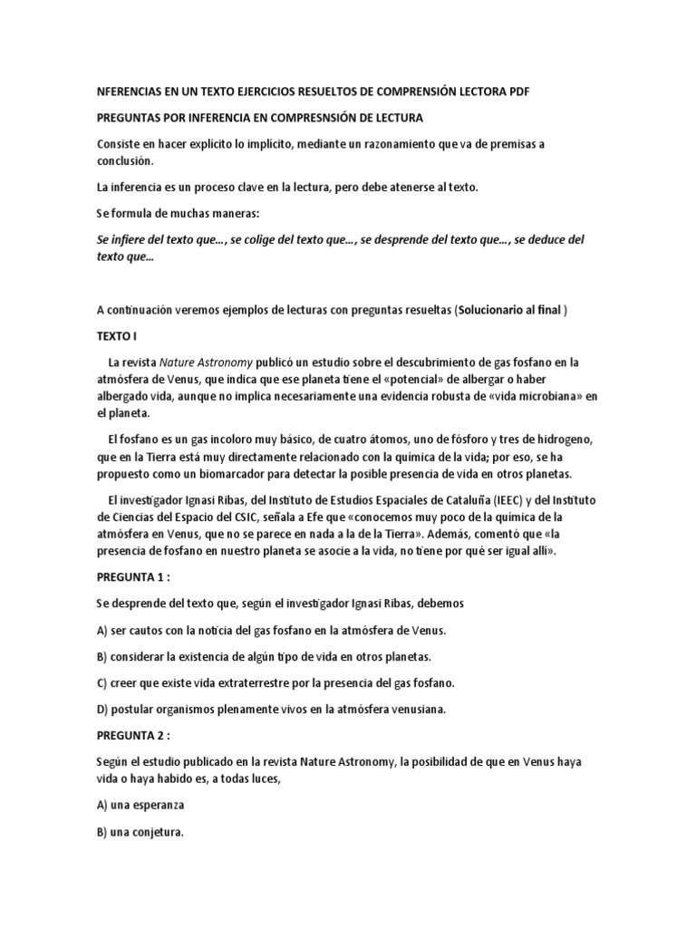Inferencias en Un Texto Ejercicios Resueltos de Comprensión Lectora PDF ...