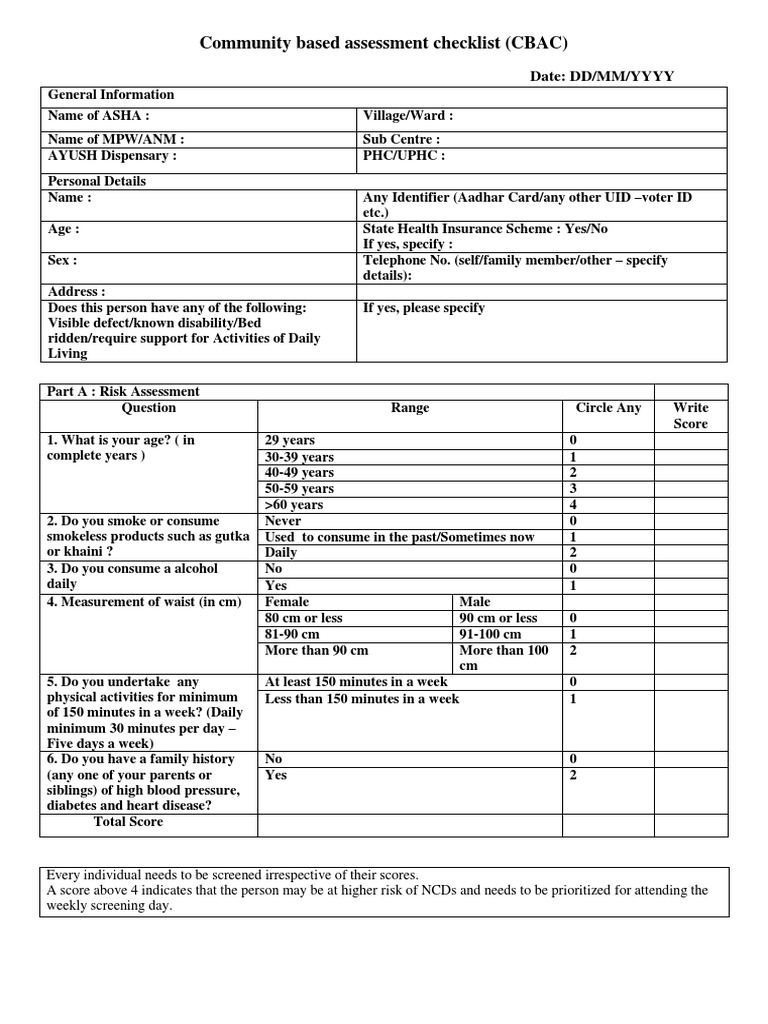 Community Based Assessment Checklist (CBAC) Form | PDF | Hand ...
