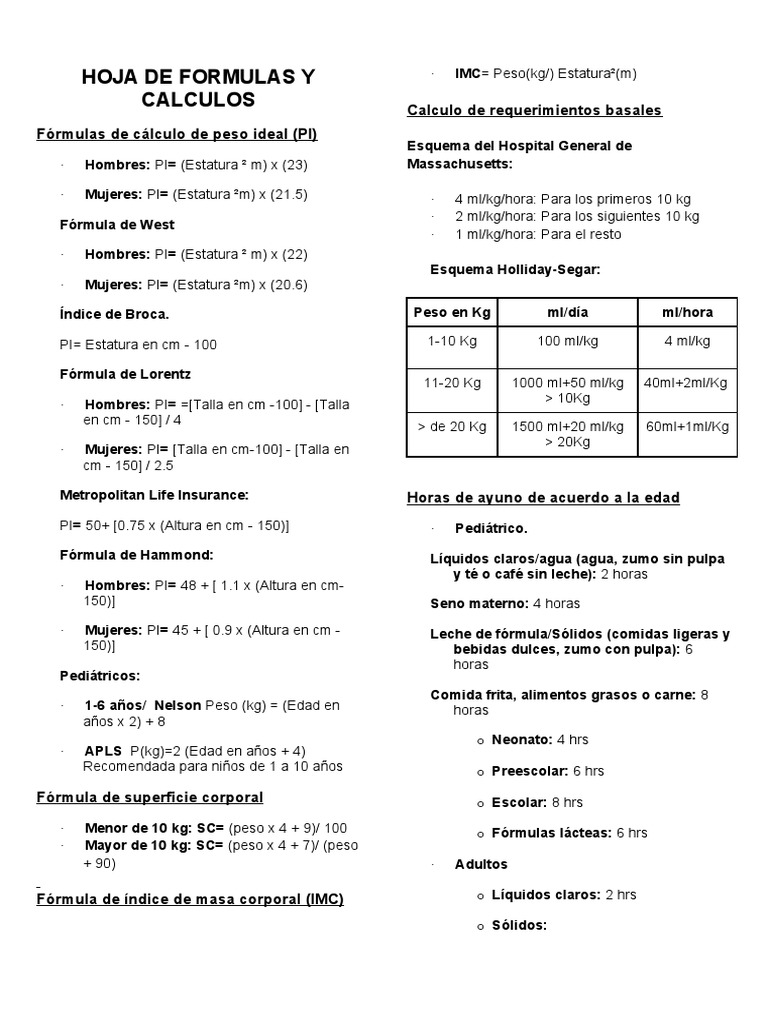 Hoja de Formulas y Calculos | Descargar gratis PDF | Salud pública ...
