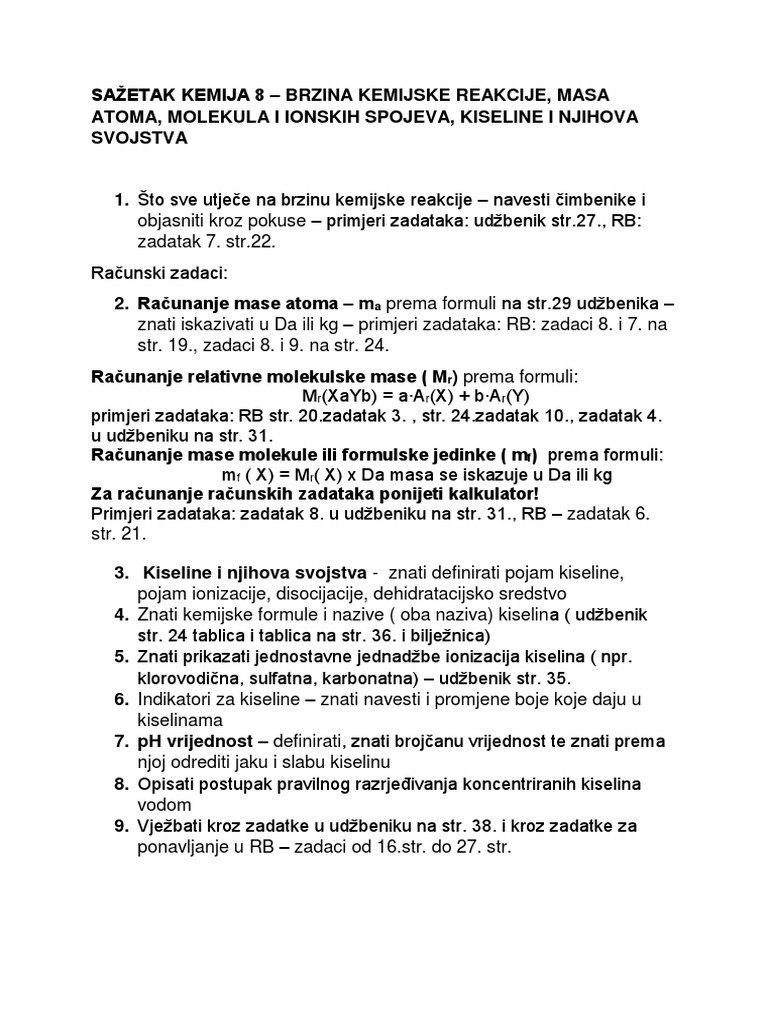 Sažetak Kemija 8 - Masa, Kiseline | PDF