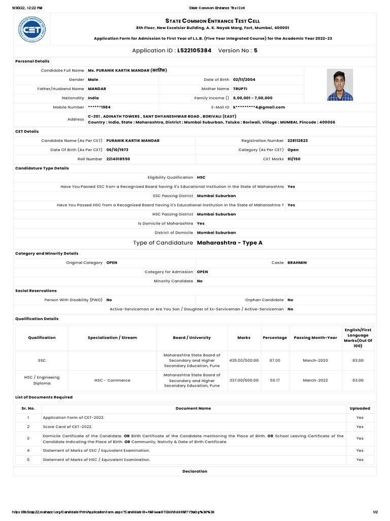 S C E T C: Application ID: L522105384 Version No: 5 | PDF | University ...