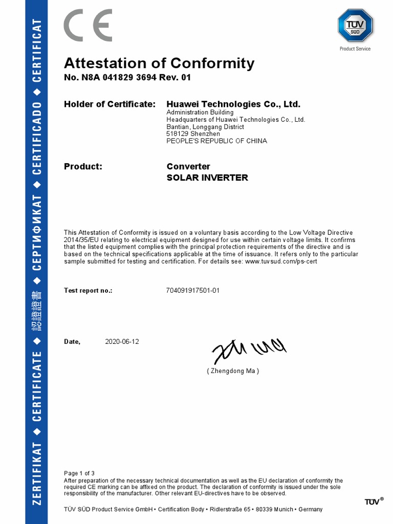 SUN2000-215H0 CE-LVD Certificate -... (1) | PDF | Electronics | Electromagnetism