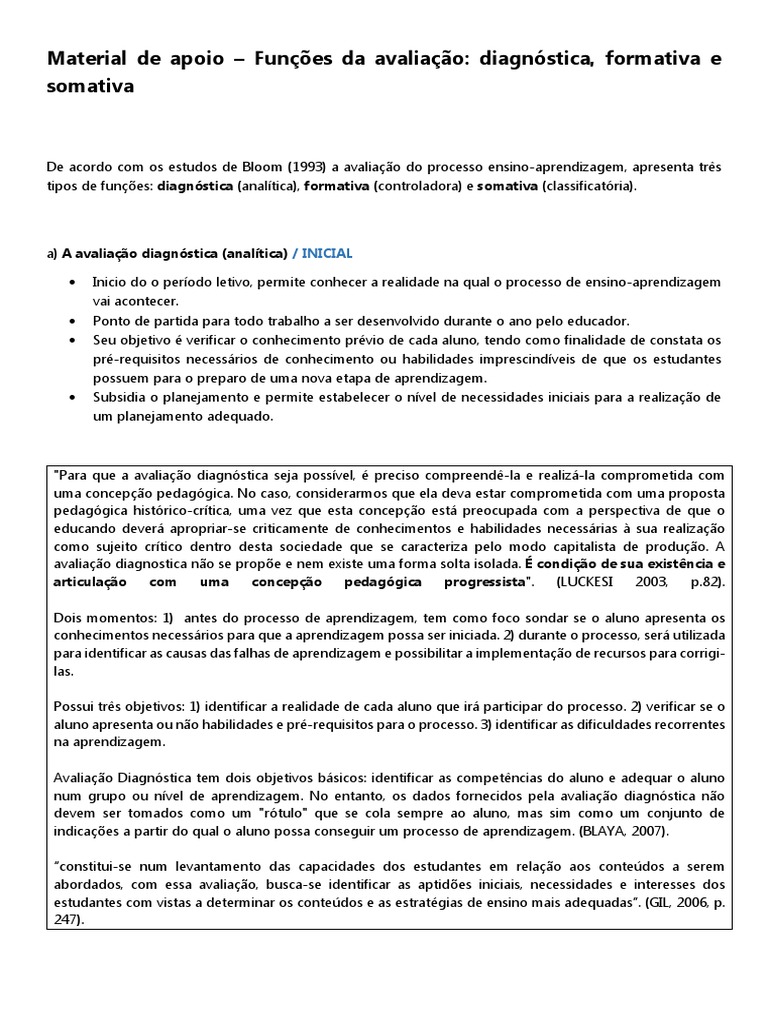 Avaliação: Diagnóstica, Formativa e Somativa | PDF | Aprendizado ...