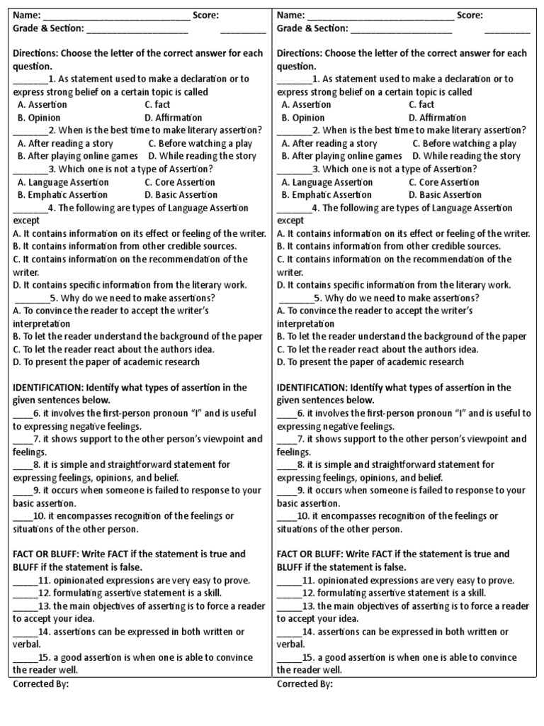 Quiz Assertion Week 7 Grade 7 | PDF | Human Communication | Cognition
