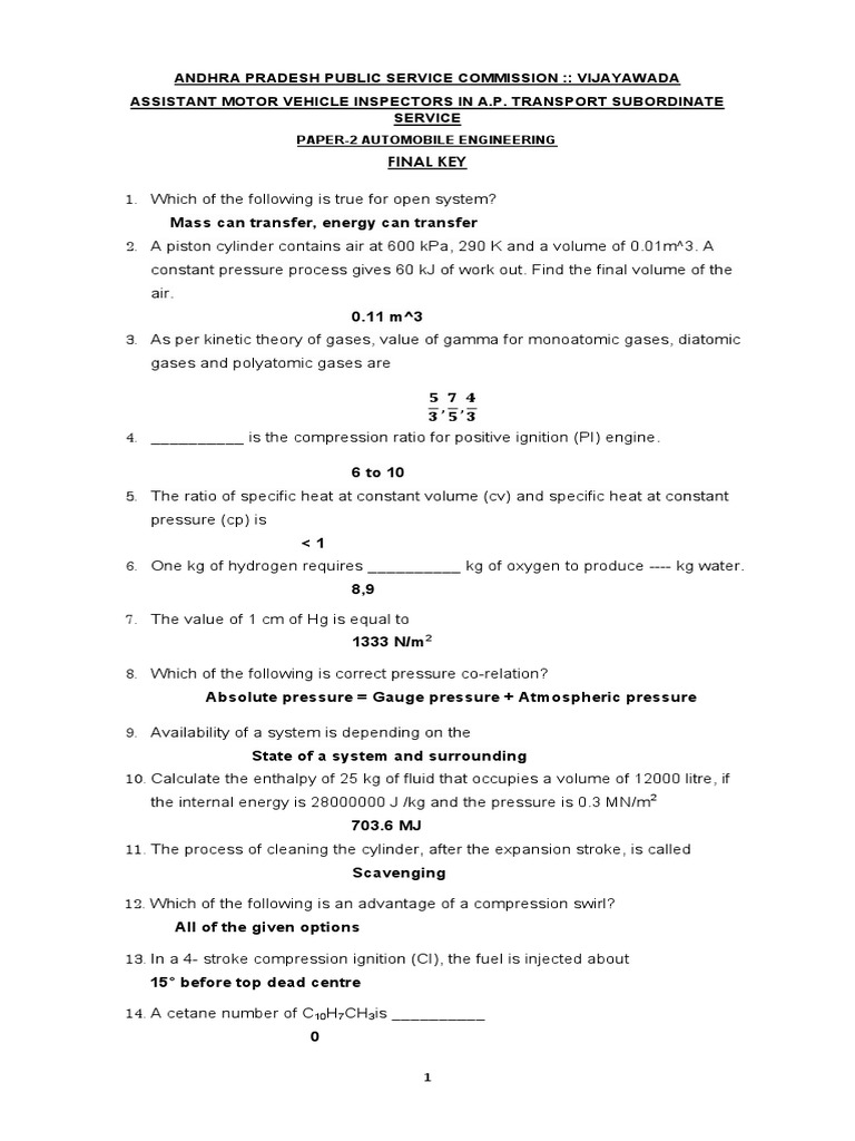 APPSC AMVI Automobile Engineering Previous Year Question Paper | PDF ...