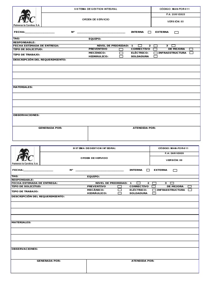 Orden de Servicio para Imprimir | PDF