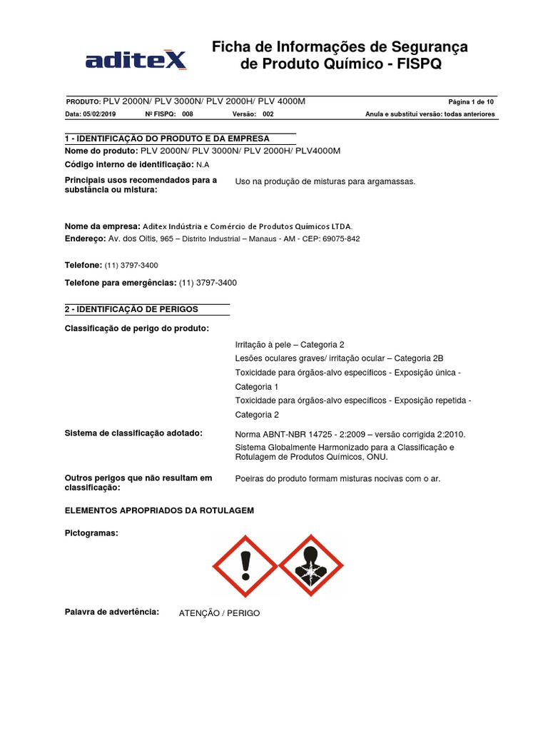 Ficha de Informações de Segurança de Produto Químico - FISPQ | PDF ...